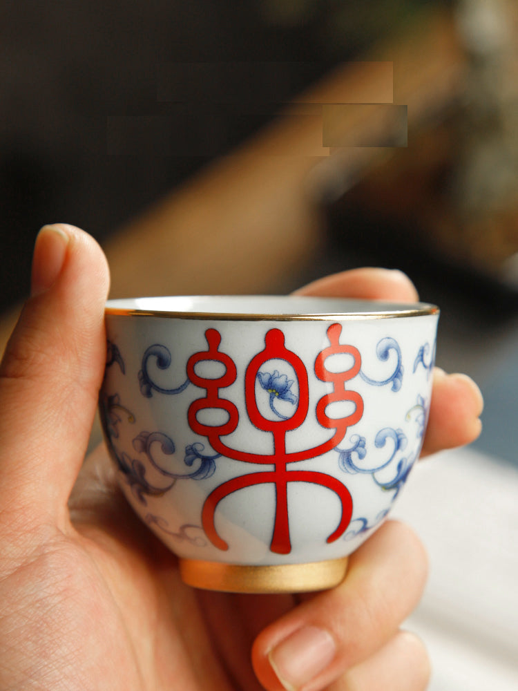 Chinese Teacup Wedding Gift Set with 2 Cups + 2 Double Happiness Gold ...