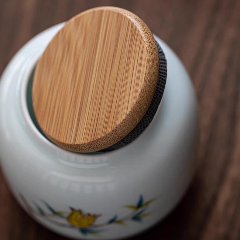 Elegant Hand-Painted Tea Left Storage Jar with Nature Wood Lid ...
